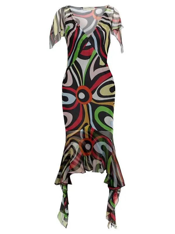 Emilio Pucci Asymmetric Printed Silk-georgette Dress - Black