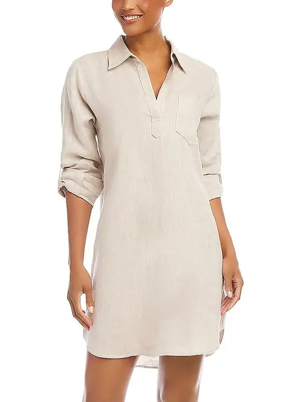 Karen Kane Linen Roll Sleeve Shirt Dress - Oat