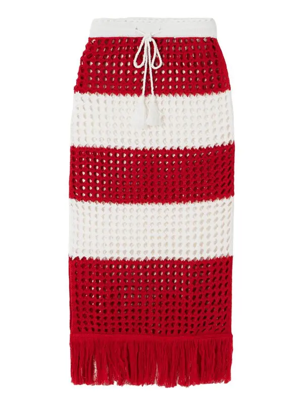 Farm Rio Fringed Striped Crocheted Cotton Midi Skirt - Red