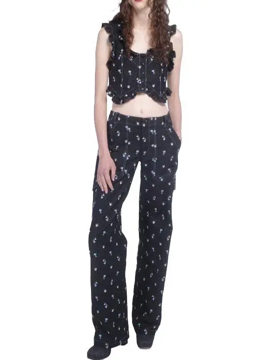 Anna Sui Denim Embroidered Roses Cargo Pant - Black Multi