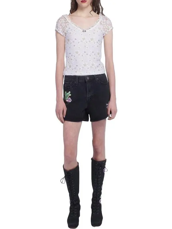 Anna Sui Pansy Stretch Lace Short Sleeve Top - Vanilla Multi