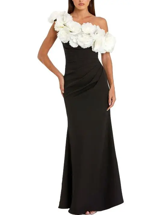 Mac Duggal Jersey Gown With 3d Flower Detail - Black Cream