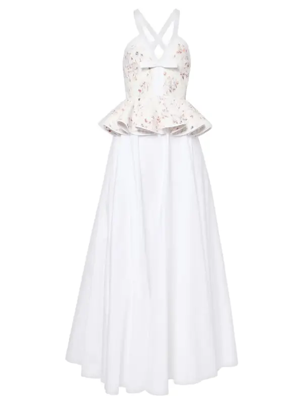 Giambattista Valli Ruffled Floral Lace Gown - White