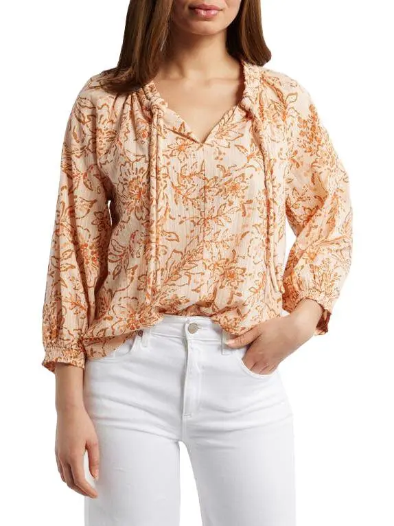 Wit & Wisdom Floral Cotton Peasant Top - Peach Pie/ Clementine Multi
