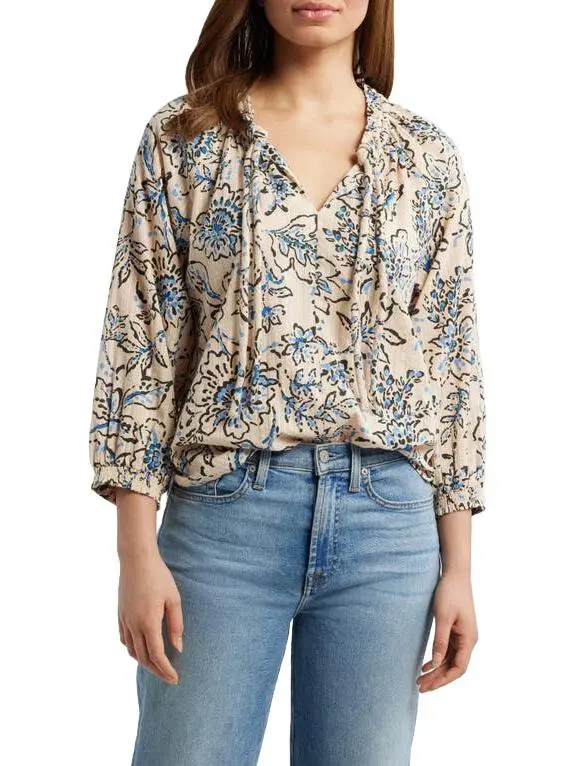 Wit & Wisdom Floral Cotton Peasant Top - Stone/ Blue Crush Multi