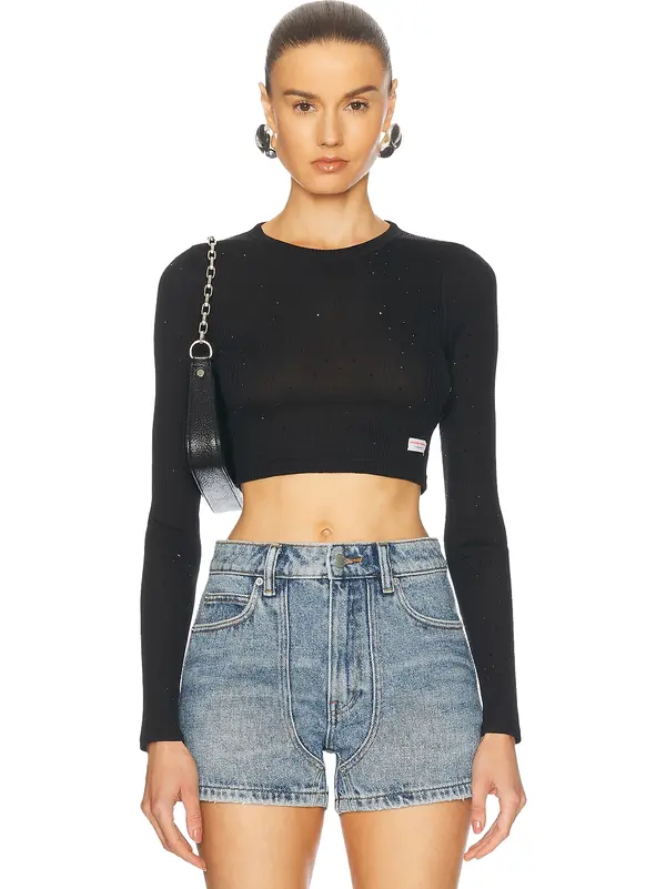 Alexander Wang Crystal Hotfix Cropped Long Sleeve Top - Black