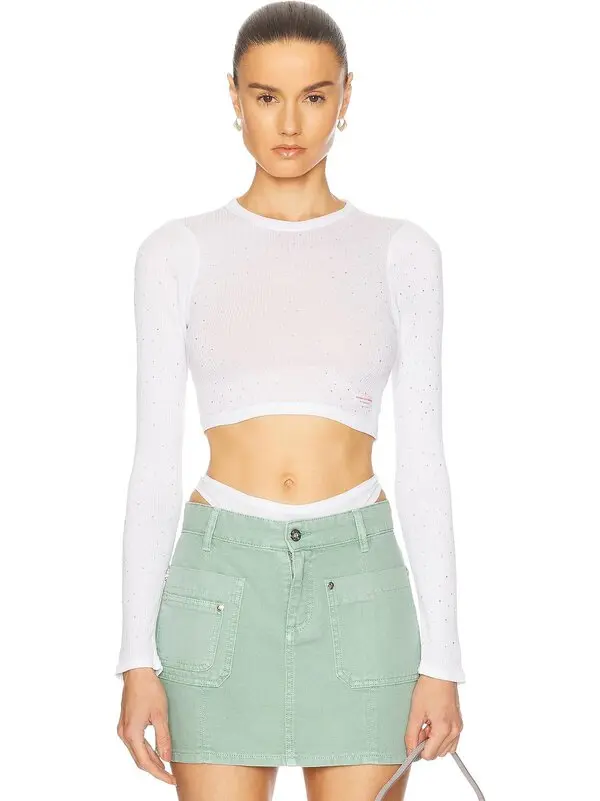 Alexander Wang Crystal Hotfix Cropped Long Sleeve Top - White