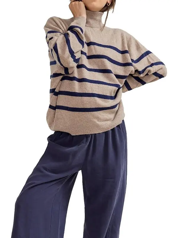 Hatch Collection Maternity Estella Cashmere Turtleneck - Oat Melange/navy Stripe