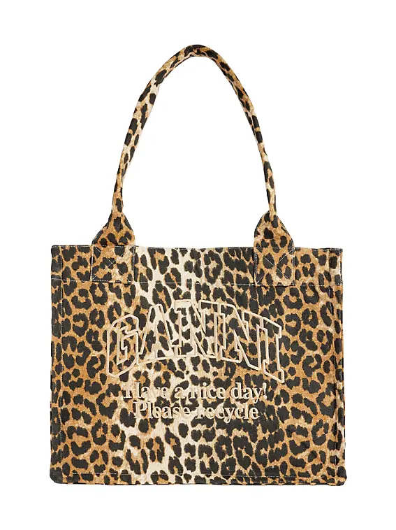 GANNI Large Cotton Tote Bag - Leopard
