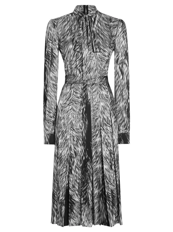 Dolce & Gabbana Fur-print Shirt Dress With Bow - Grey