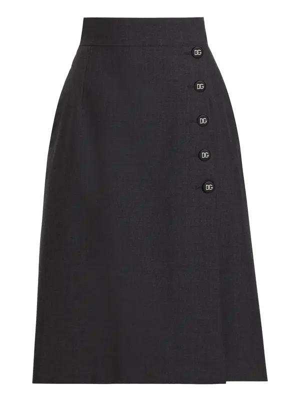 Dolce & Gabbana Woolen A-line Midi Skirt With Dg Buttons - Grey