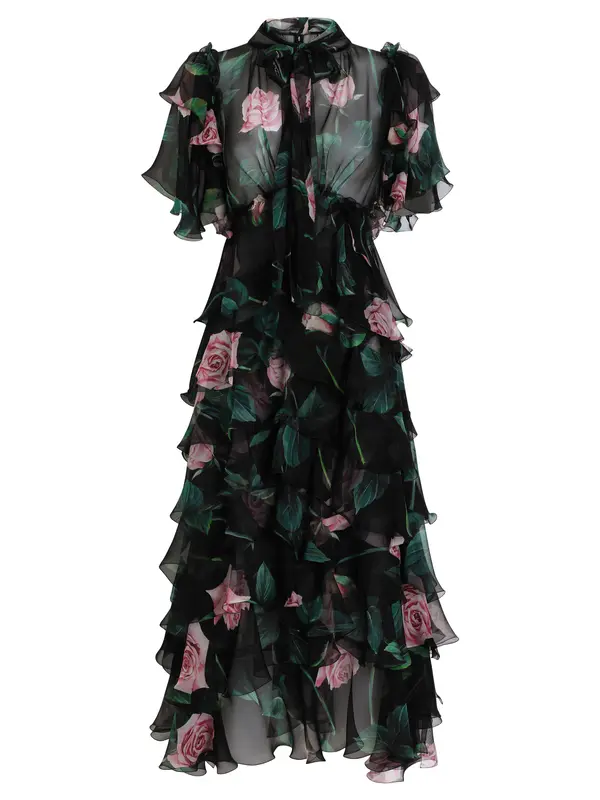 Dolce & Gabbana Rose- Chiffon Calf-length Dress With Ruffles And Flounces - Print