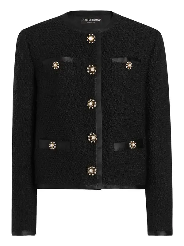 Dolce & Gabbana Cropped Bouclé Tweed Jacket With Bejeweled Buttons - Black