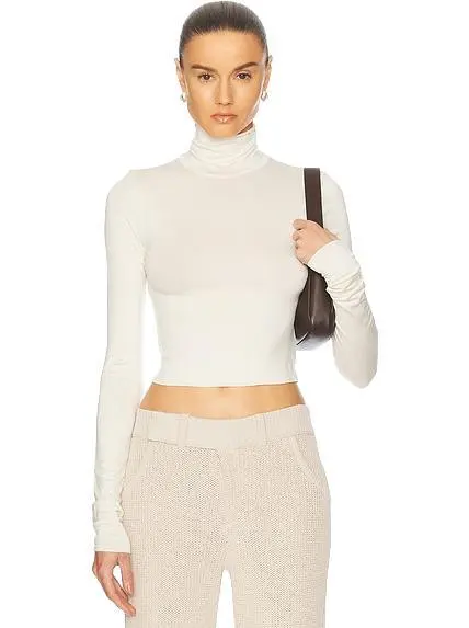 Eterne Cropped Fitted Turtleneck Soft Jersey Top - Ivory