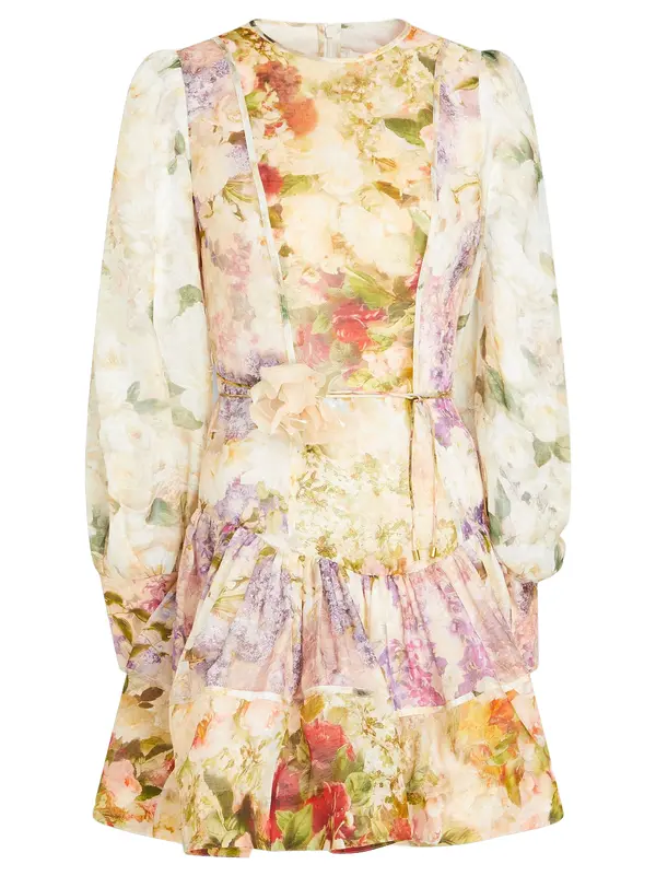 Zimmermann Floral-print Linen And Silk-blend Gauze Mini Dress - Beige