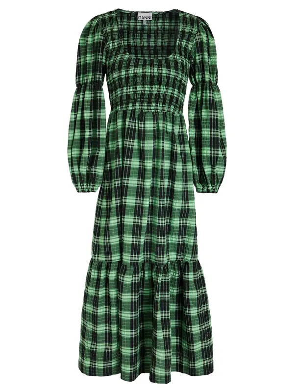 GANNI Checked Cotton-blend Seersucker Midi Dress - Green
