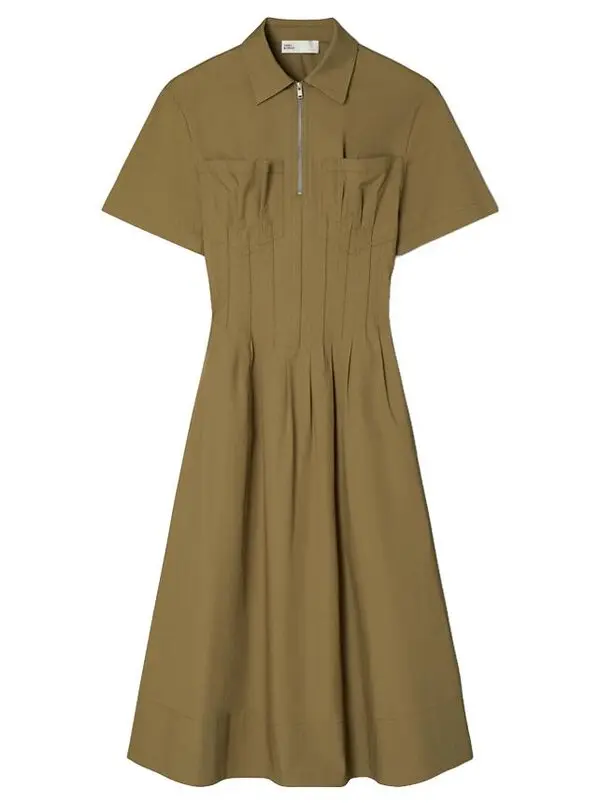 Tory Burch Poplin Pleat-waist Dress - Olive