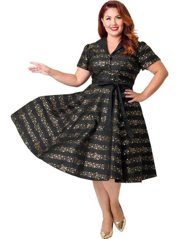 Unique Vintage 1950s Collared Shirt Dress - Black & Gold