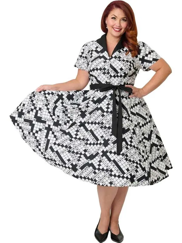 Unique Vintage 1950s Collared Shirt Dress - Black & White