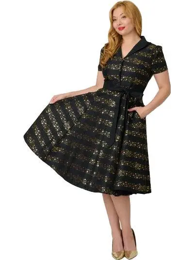 Unique Vintage 1950s Collared Shirt Dress - Black & Gold