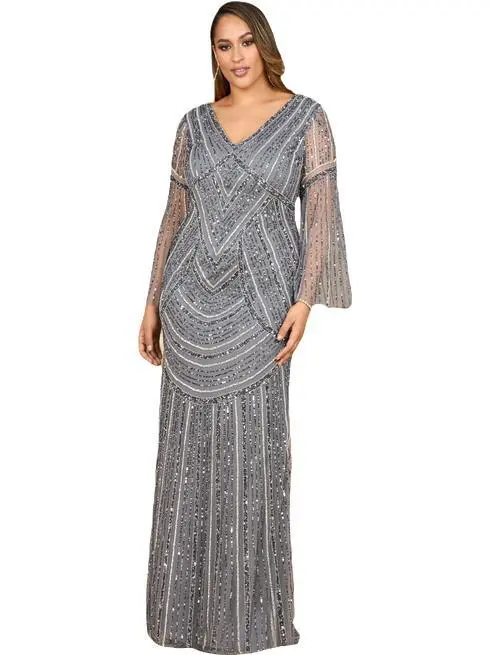LARA NEW YORK Long Sleeve Beaded Gown - Grey