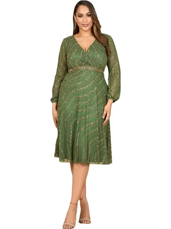 LARA NEW YORK Beaded Midi Dress With Long Sleeves - Olive