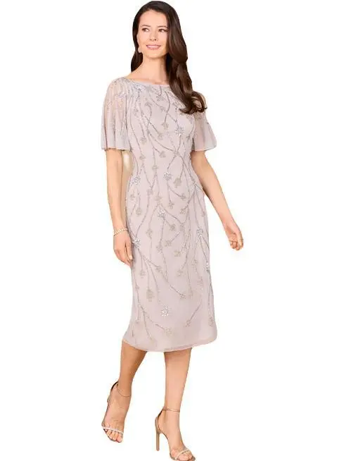 LARA NEW YORK Beaded Cape Sleeve Midi Dress - Silver