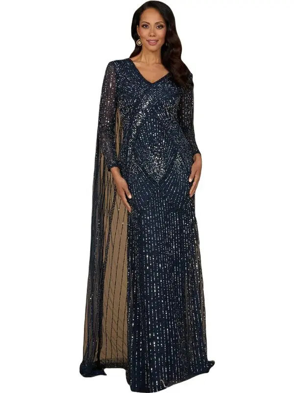 LARA NEW YORK Long Sleeve Beaded Gown With Cape - Navy