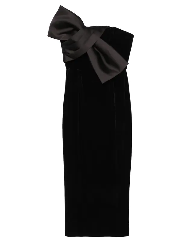 NISSA Bow-detailing Velvet Midi Dress - Black