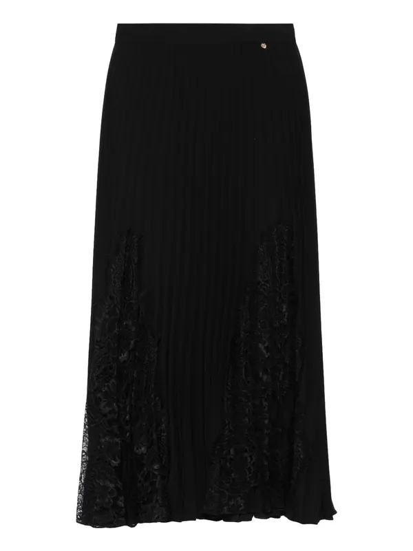 NISSA Lace-insert Pleated Midi Skirt - Black