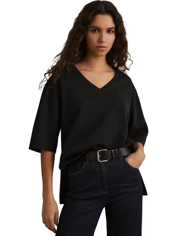 REISS Annabel Oversized V-neck T-shirt - Black