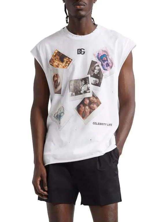 Dolce & Gabbana Postcard Print Distressed Cotton Muscle Tee - Bianco Ottico
