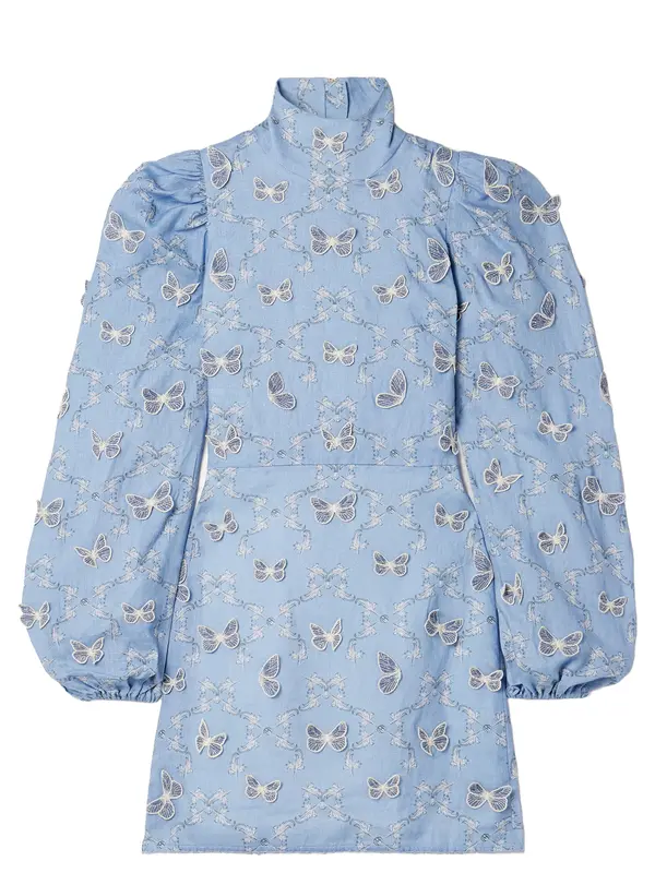 Agua Bendita Guaba Lymanopoda Appliquéd Printed Linen Mini Dress - Blue
