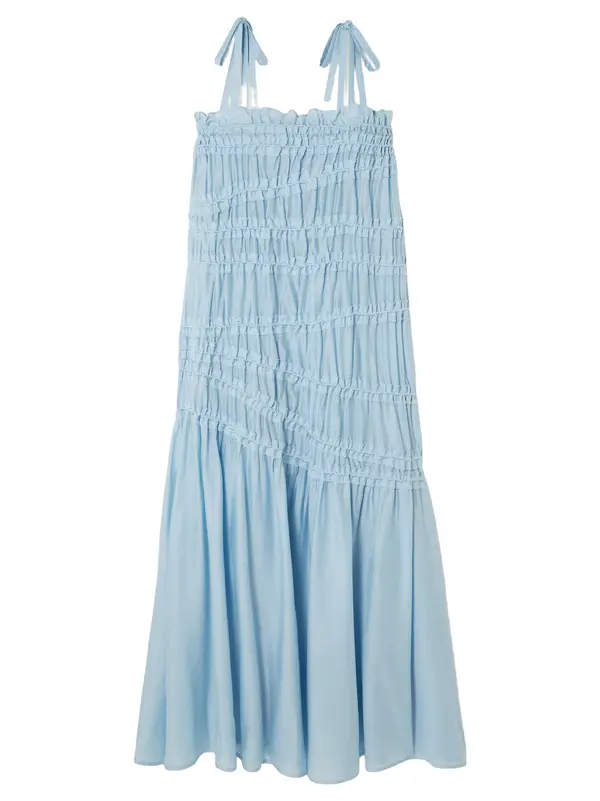 Tory Burch Tie-detailed Smocked Lyocell-blend Midi Dress - Blue