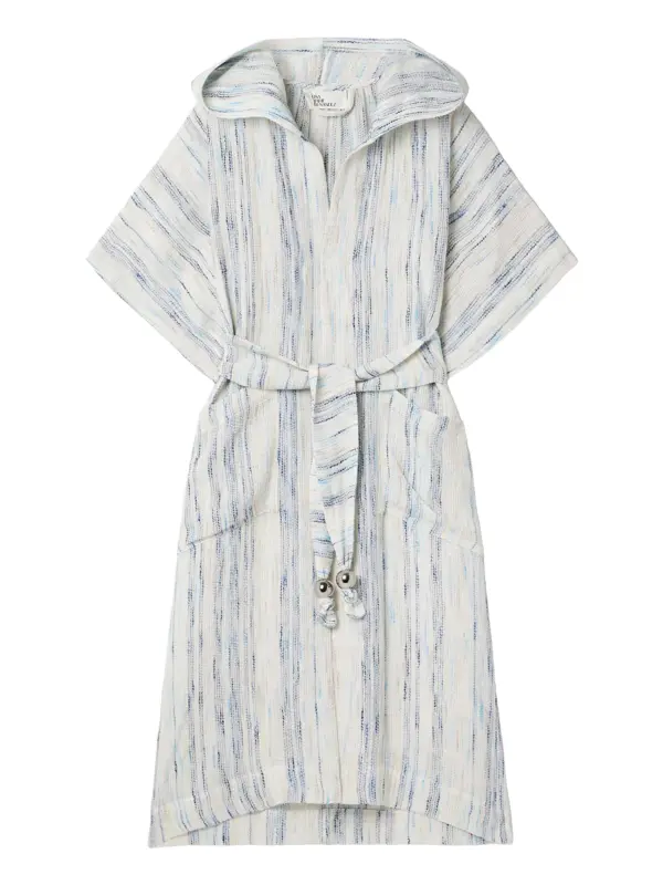 Lisa Marie Fernandez Embellished Belted Striped Linen-blend Gauze Hooded Coverup - White