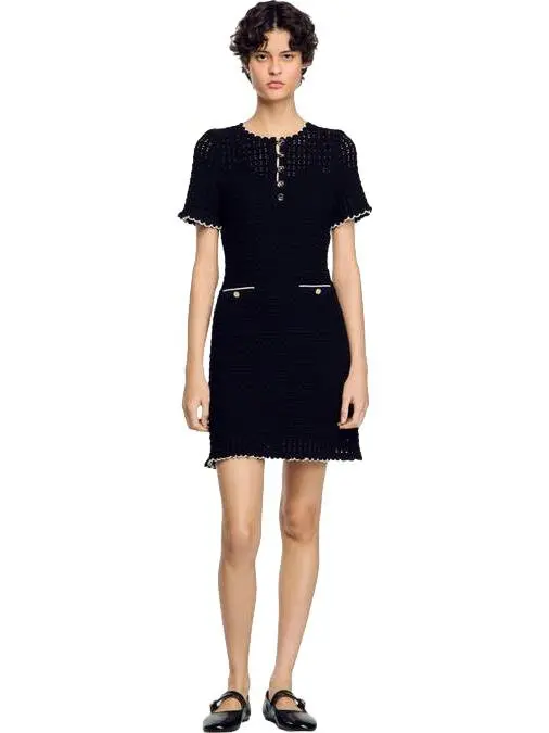 Sandro Mini Knit Openwork Dress - Black