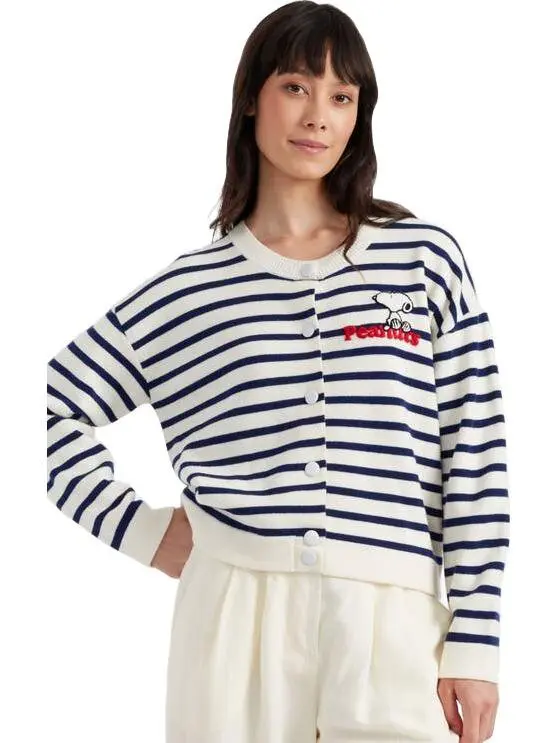 Chinti & Parker Snoopy Embroidered Merino Wool Cardigan - Cream/admiral Blue