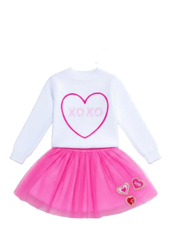 MIA BELLE GIRLS Embroidered Sweater And Heart Patch Tulle Skirt Set - Pink