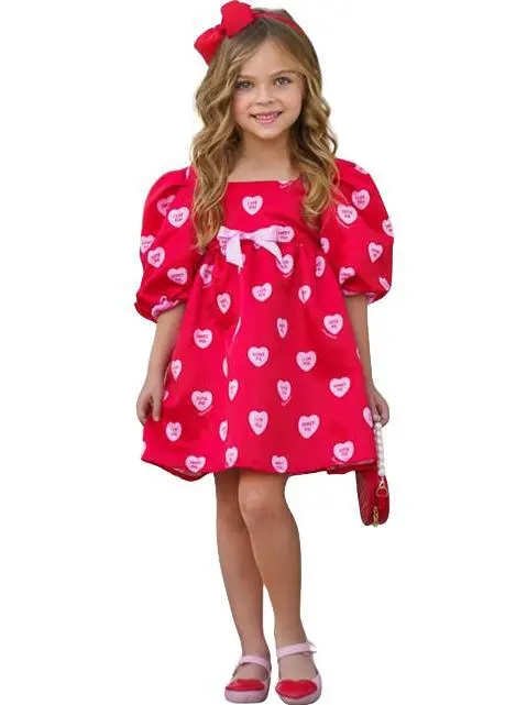 MIA BELLE GIRLS Sweethearts Puff Sleeve Dress - Red