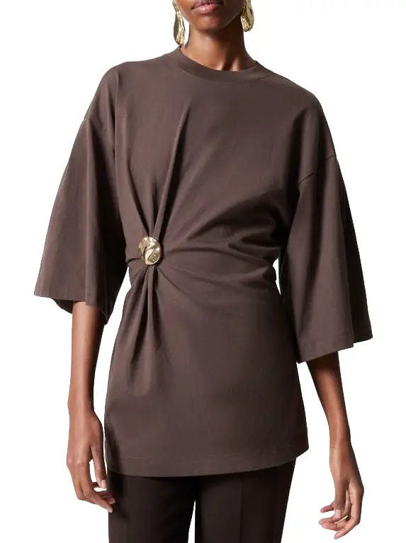 & Other Stories Draped Brooch Tunic T-shirt - Brown Dark