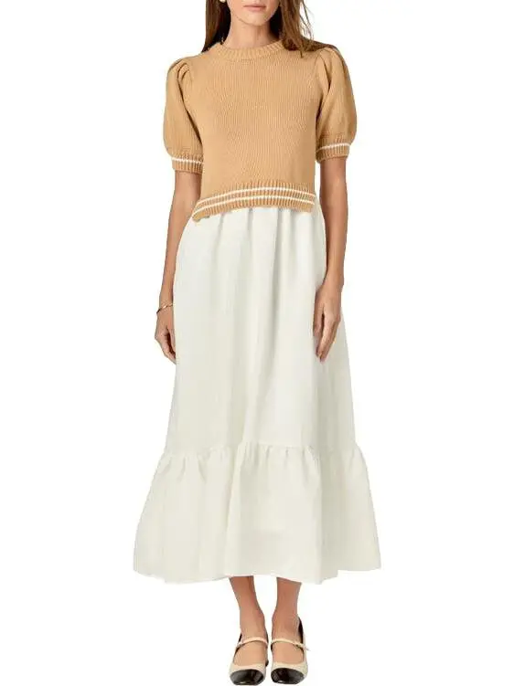 English Factory Mixed Media Midi Dress - Tan/ White