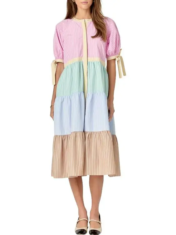 English Factory Colorblock Stripe Tiered Shirt Dress - Multi
