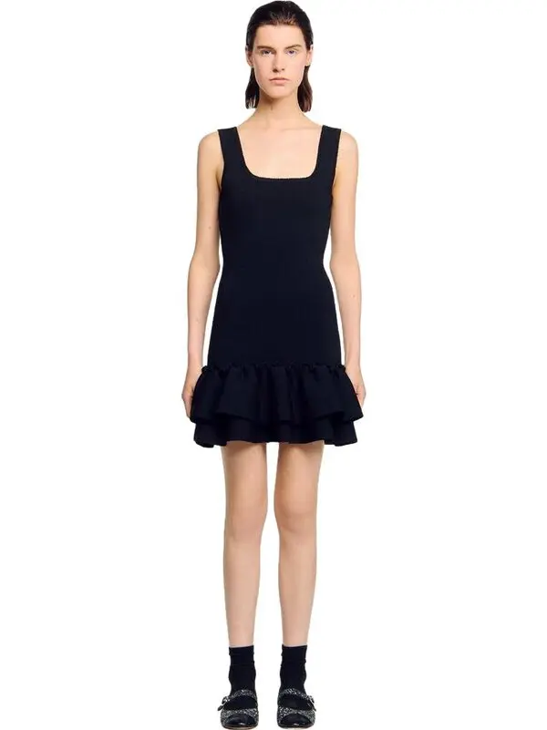 Sandro Mini Knit Ruffle Dress - Black