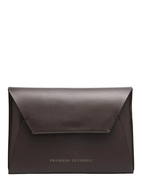 Brunello Cucinelli Envelope Flap Leather Clutch - Brown