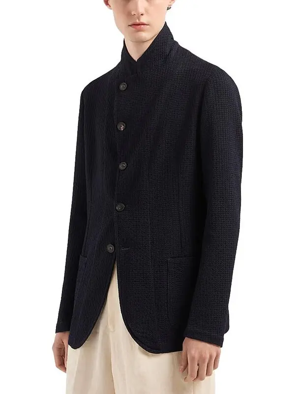 Emporio Armani Regular Fit Asymmetric Textured Wool Blazer - Dark Navy