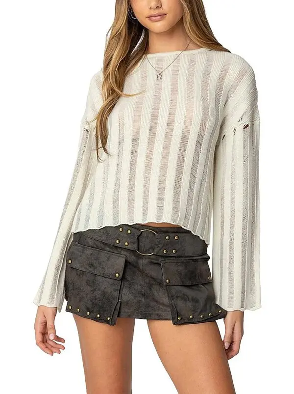 EDIKTED Stripey Shredded Sweater - Cream