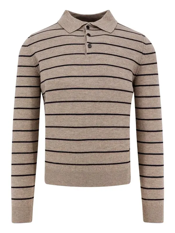 TONYWACK Super Fine Merino Wool Striped Polo Shirt - Beige