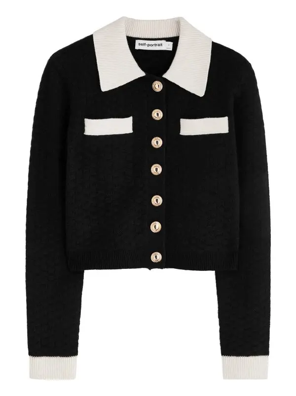SELF-PORTRAIT Contrast-trim Waffle-knit Cardigan - Black
