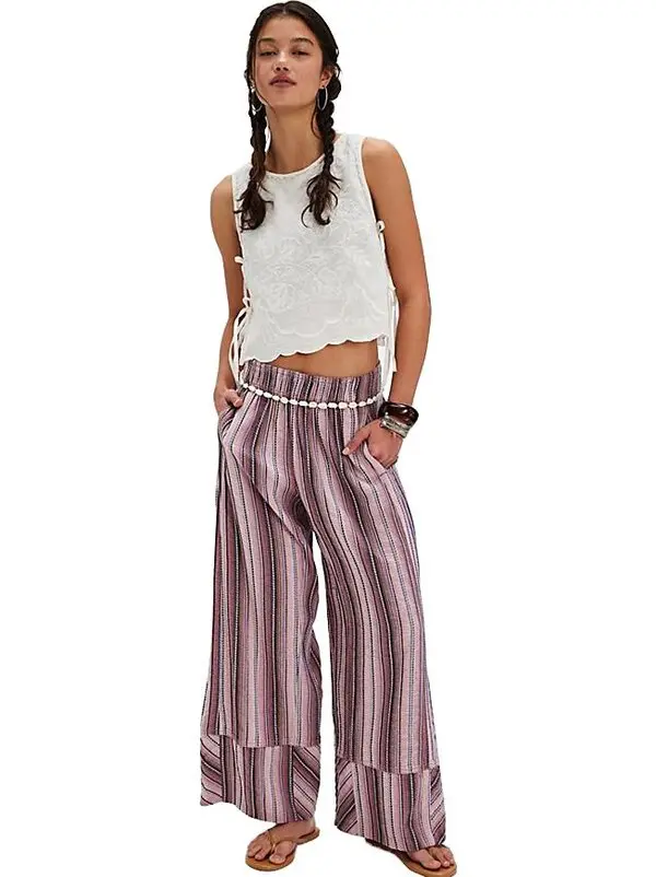 Free People Striped Wide-leg Pants - Mauve Combo