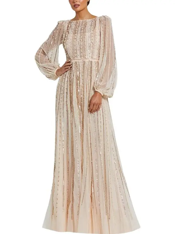 Mac Duggal Boat Neck Long Sleeve Gown With Striped Beading - Peach